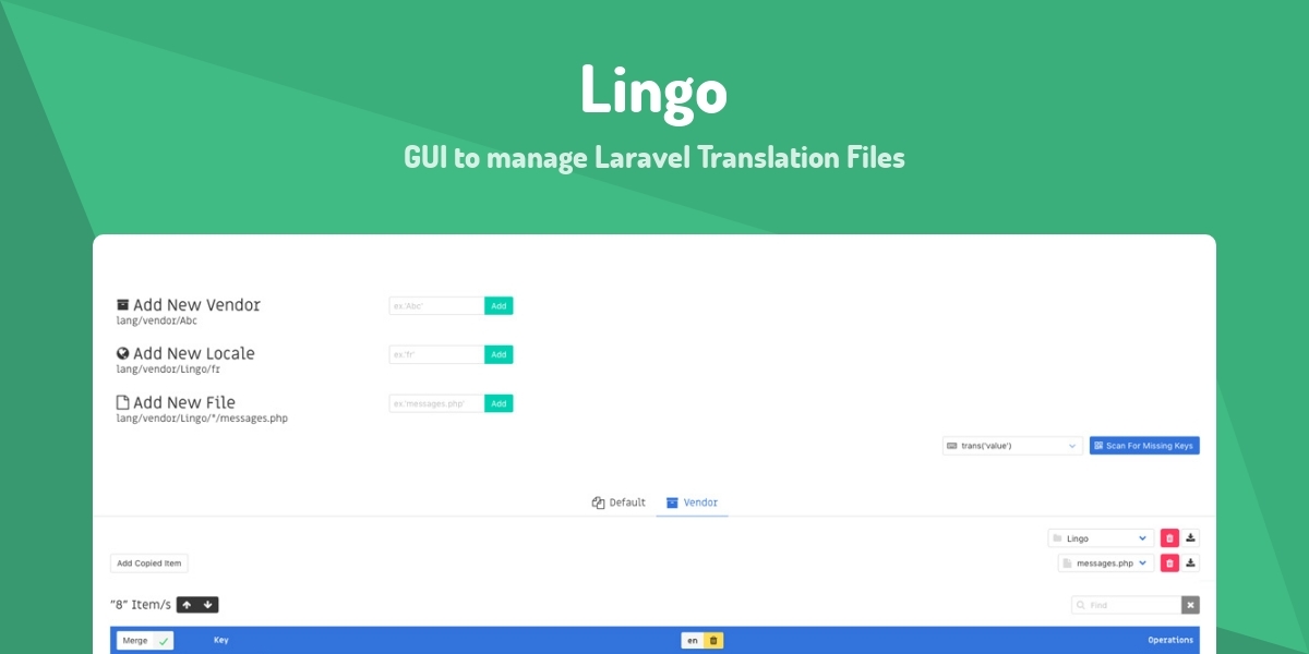 Lingo - GUI to manage Laravel Translation Files - Made with Vue.js
