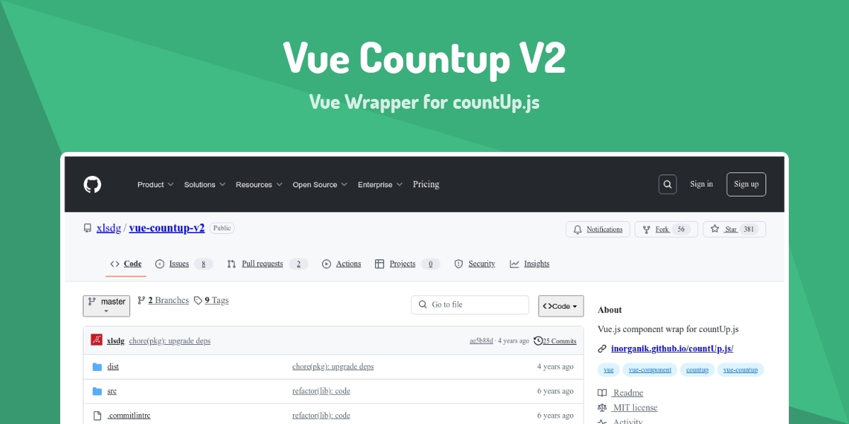 Vue Countup V2 - Vue Wrapper for countUp.js - Made with Vue.js