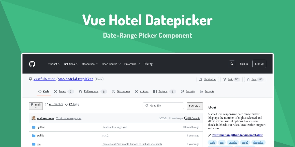 Vue Hotel Datepicker - Date-Range Picker Component - Made with Vue.js